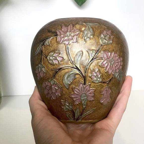 Vintage | Accents | Vintage Brass Vase Sparkly Floral Inlay Pattern ...